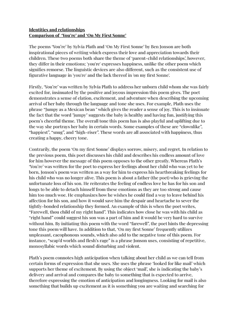 Analytical Essay of Sylvia Plath's 'You're' and Ben Jonson's 'On My ...