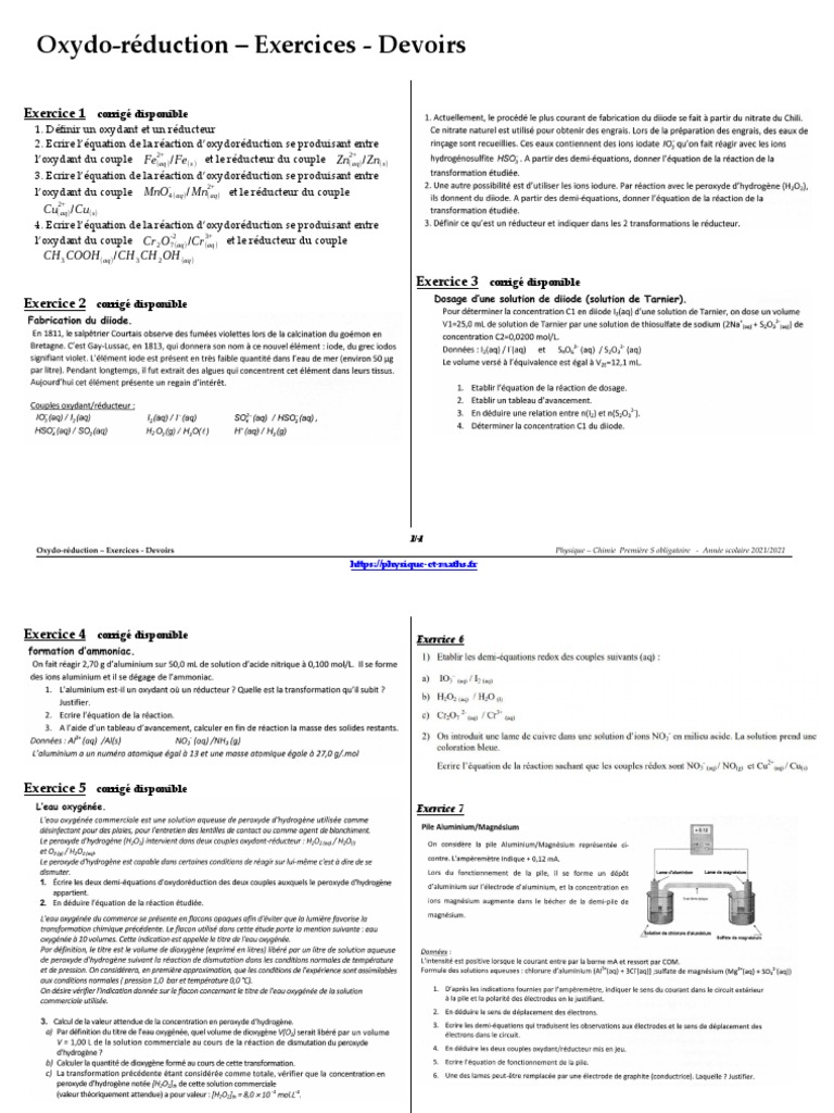 Oxydo Reduction Exercices | PDF | Méthodes et références pédagogiques ...