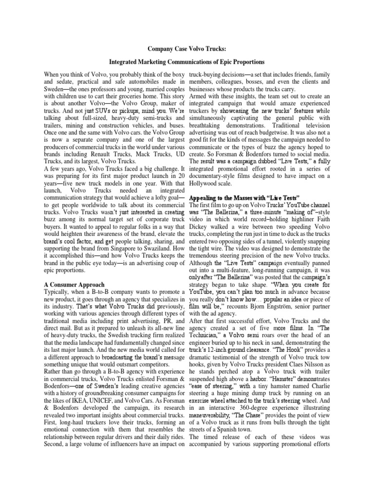 Ch14 Case Study Company Case Volvo Trucks | PDF | Advertising | Truck