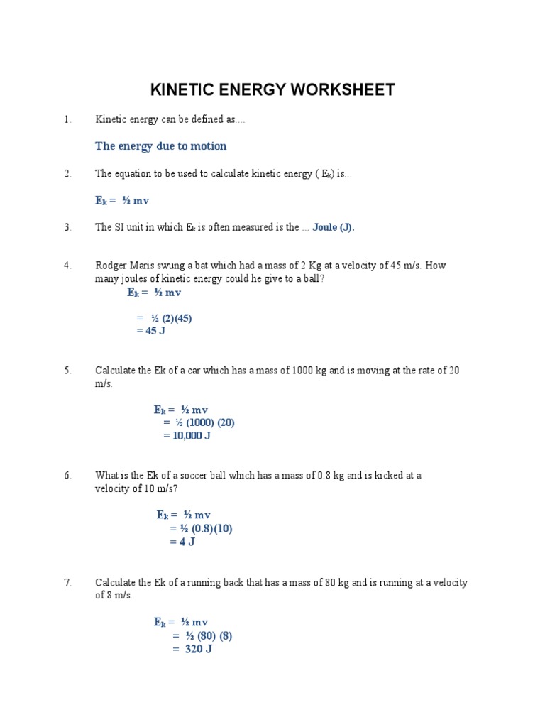 Kinetic Energy Worksheet: The Energy Due To Motion | PDF