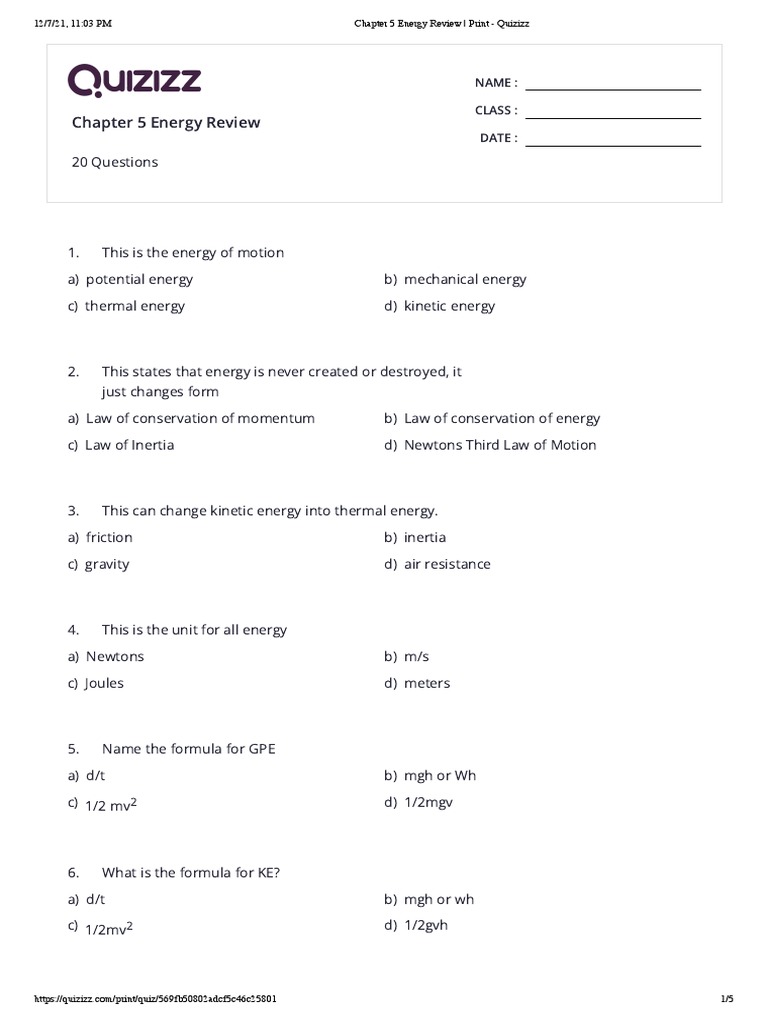 Chapter 5 Energy Review - Print - Quizizz | PDF | Potential Energy ...