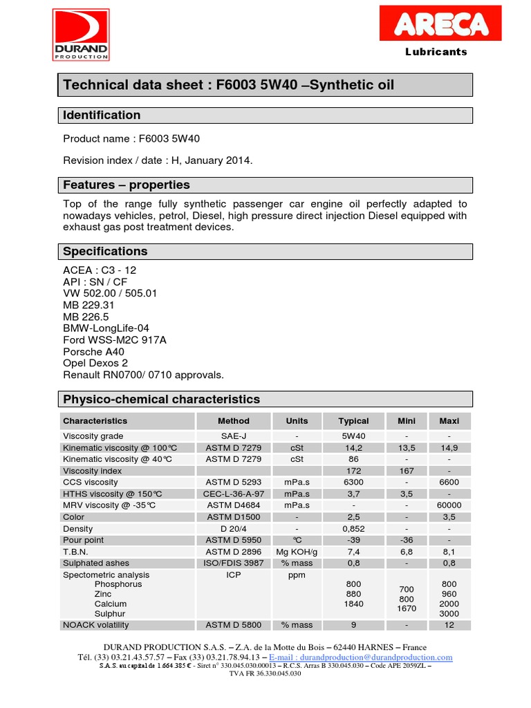 F6003 5W40 Synthetic Oil Technical Data Sheet | PDF | Motor Oil | Liquids