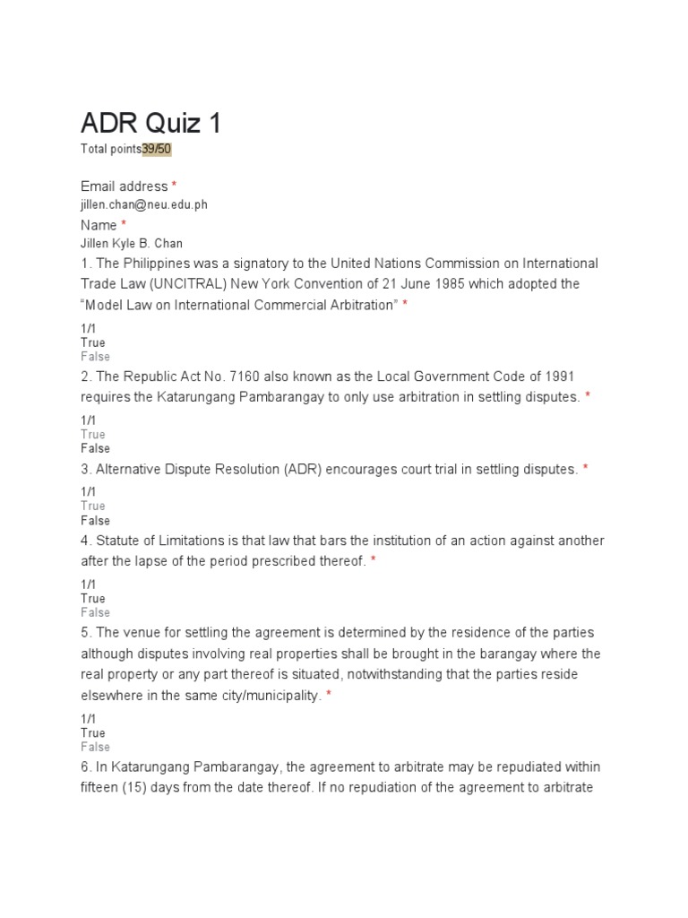 First Quiz | PDF | Mediation | Alternative Dispute Resolution