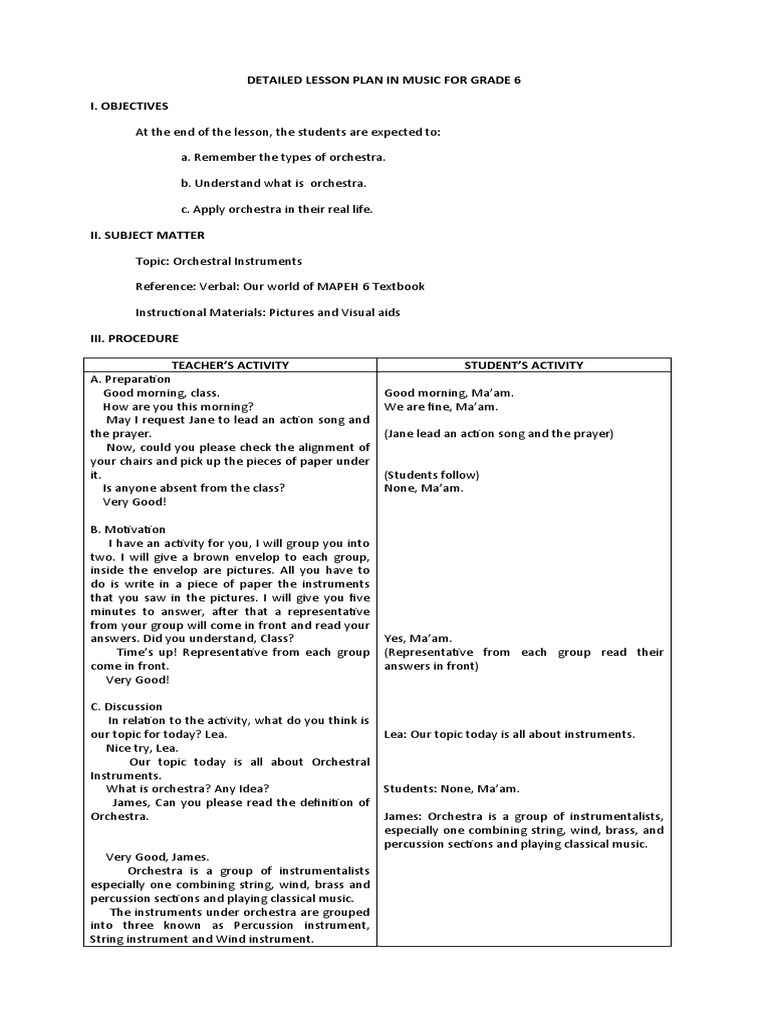 GrengiaDETAILED LESSON PLAN IN MUSIC FOR GRADE 6 | PDF | Musical ...