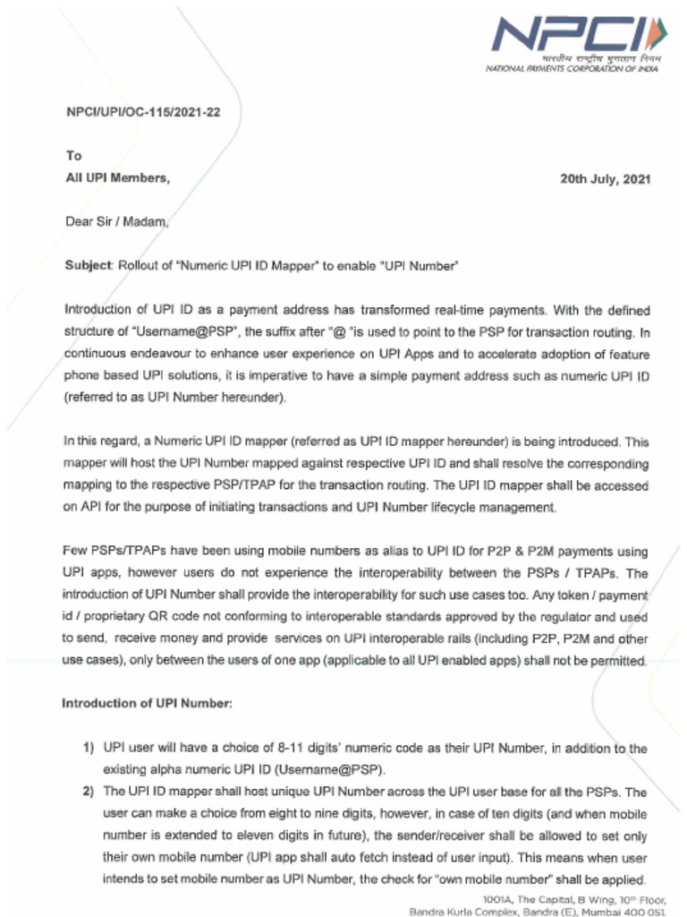 NPCI-UPI-OC-115-Rollout of-Numeric-UPI-ID-Mapper-to-enable-UPI-Number | PDF NPCI-UPI-OC-115-Rollout of-Numeric-UPI-ID-Mapper-to-enable-UPI-Number | PDF
