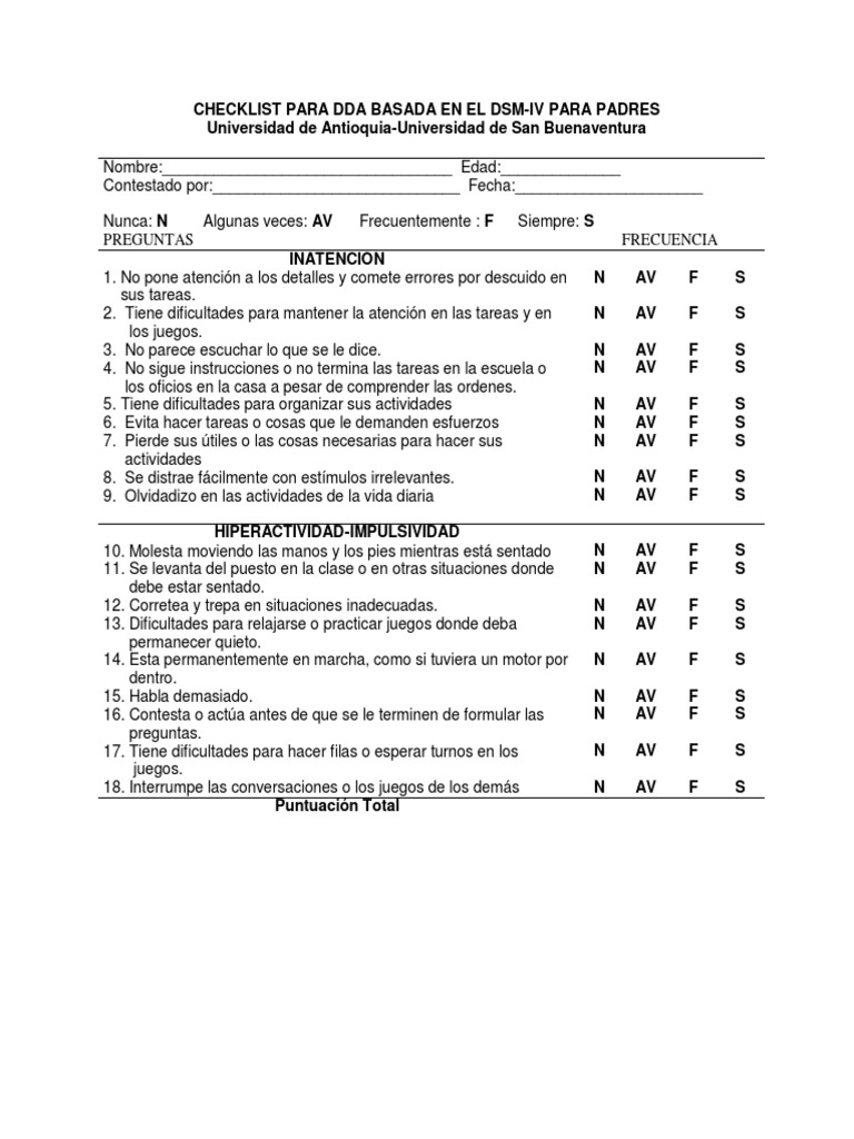 CHECKLIST PARA DDA BASADA EN EL DSM Padres | PDF