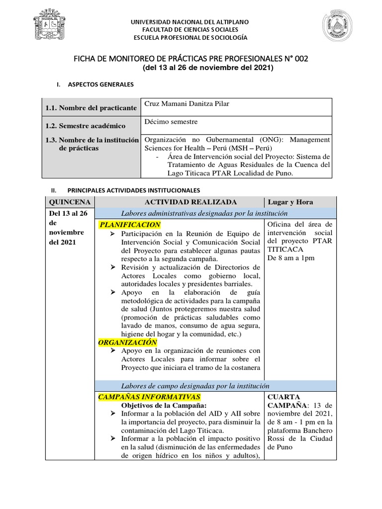 FICHA DE MONITOREO DE PRÁCTICAS PRE PROFESIONALES #002 - Danitza Cruz ...