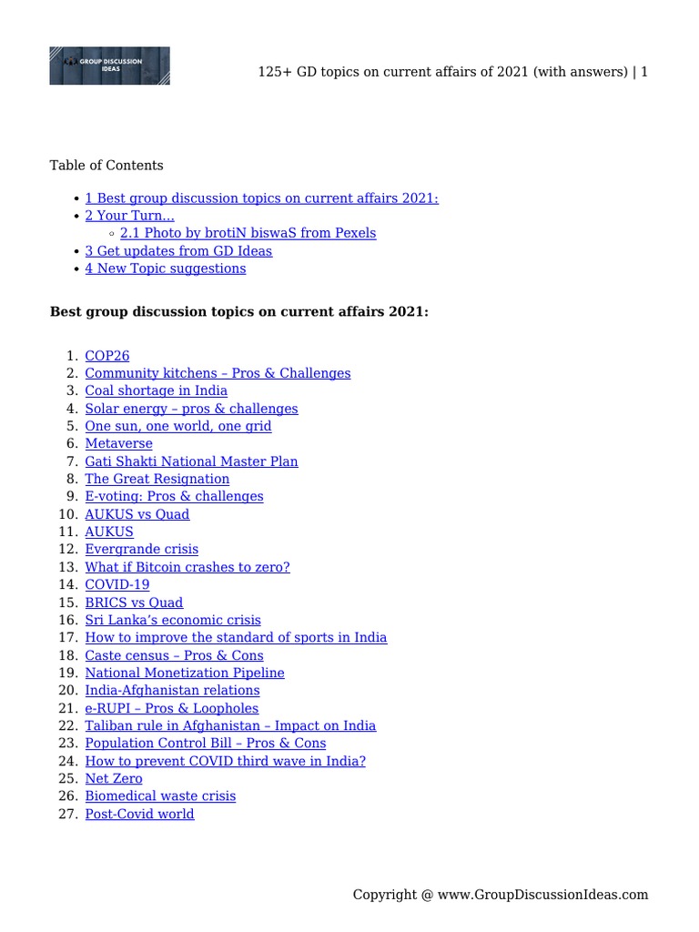 125+ GD Topics On Current Affairs of 2021 (With Answers) | PDF ...