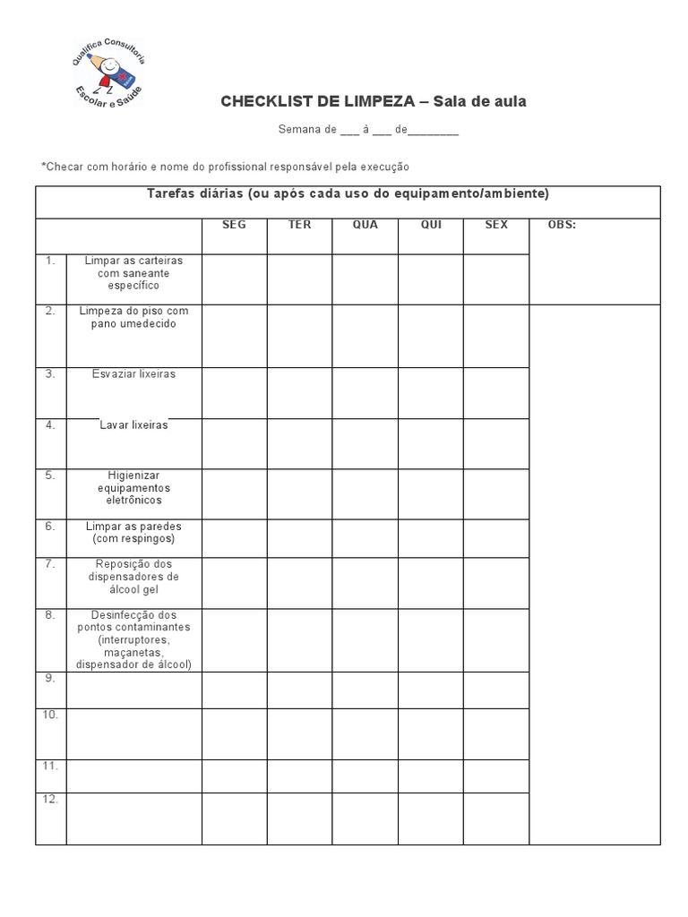 Checklist de Limpeza para Sala de Aula | PDF | Casa e Jardim