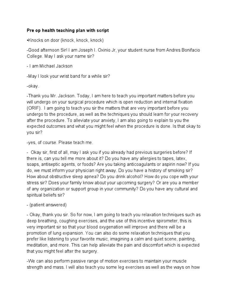 Preparing for Surgery: A Pre-operative Teaching Plan and Script for ...