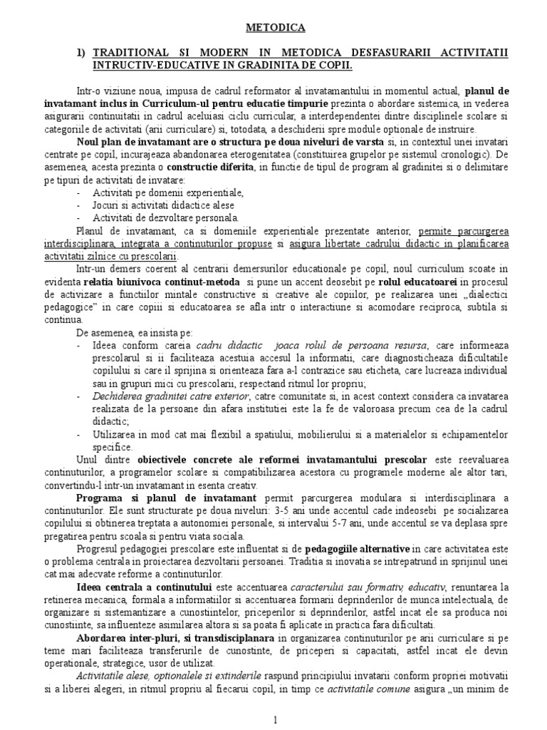 Metodica Desfasurarii Activitatilor Instructiv Educative in Gradinita de Copii Titularizare | PDF