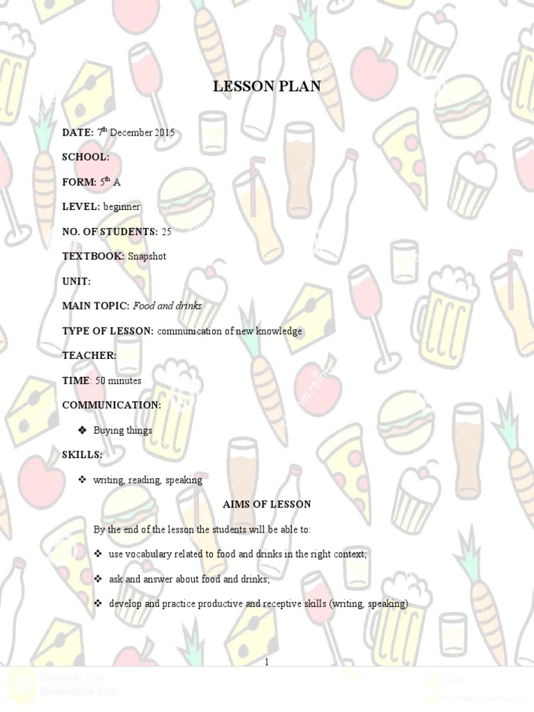 Beginner Lesson Plan: Food & Drinks | PDF | Hamburgers | Sandwich