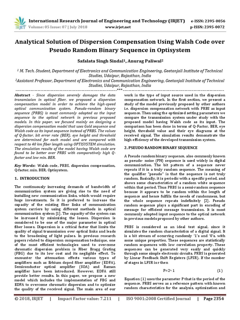 Analytical Solution of Dispersion Compensation Using Walsh Code Over Pseudo Random Binary ...