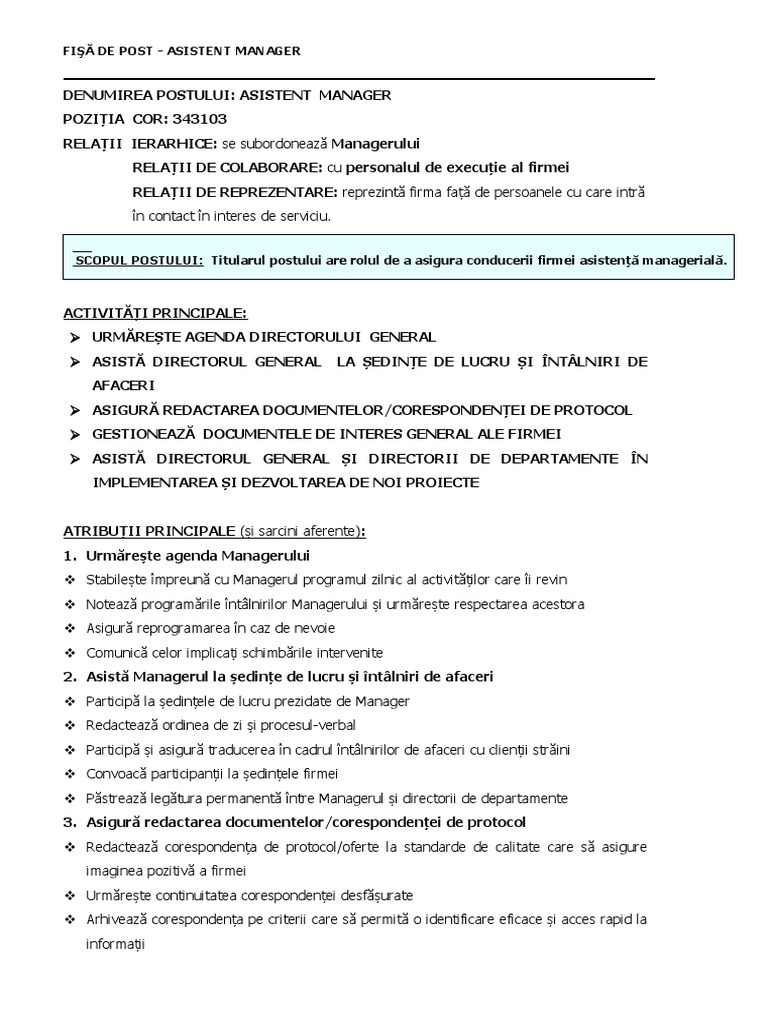 Fisa Post - Asistent Director General | PDF