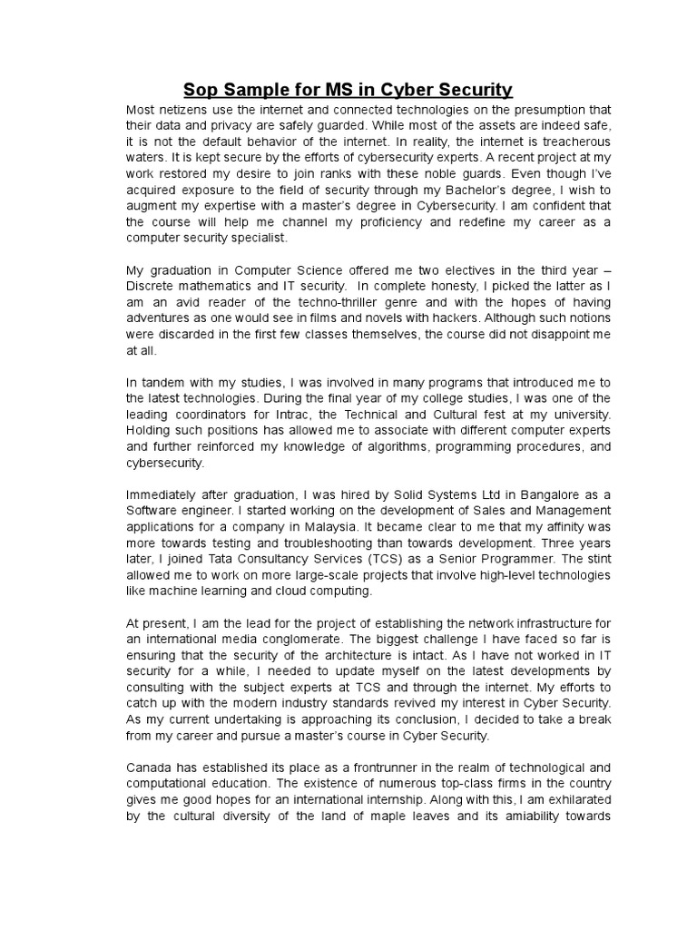 Sop For MS in Cyber Security PDF | PDF | Computer Security | Security