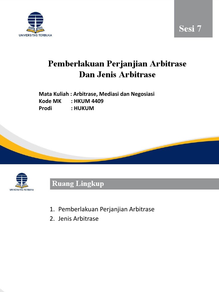 Sesi 7 Pemberlakuan Perjanjian Arbitrase Dan Jenis Arbitrase | PDF