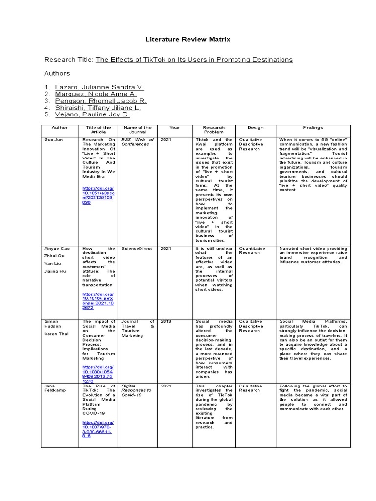 Literature Review Matrix: Author Title of The Article Name of The ...