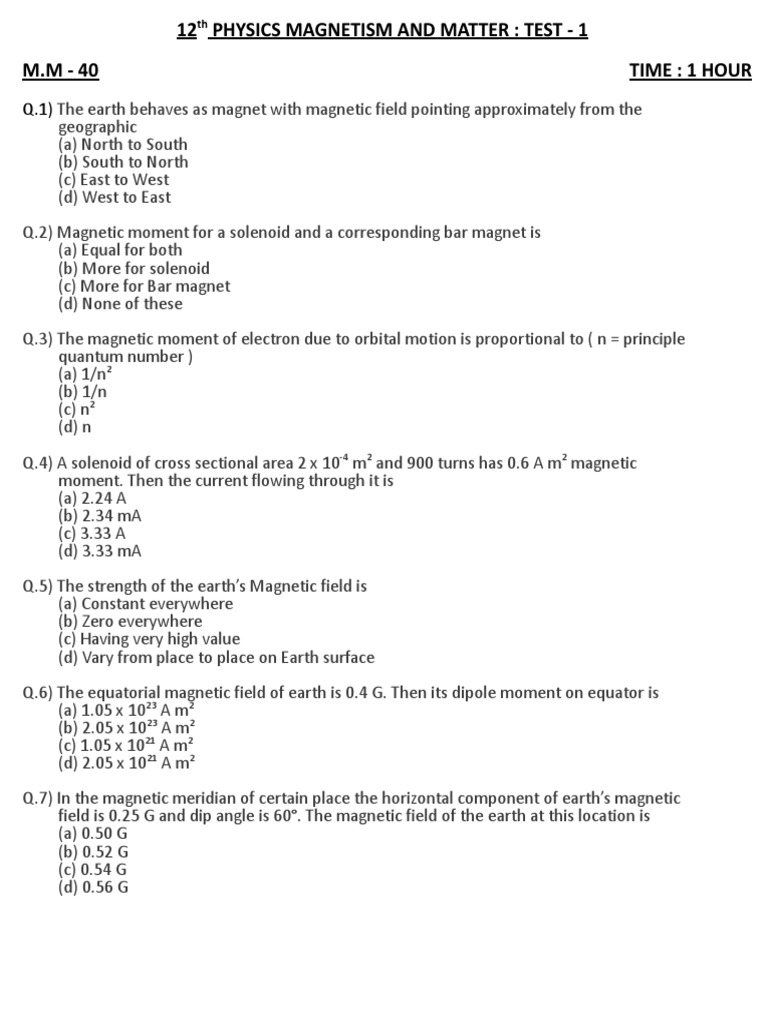 12th Grade Physics Magnetism Test 1 | PDF | Magnetic Field | Earth's ...