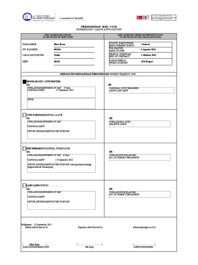 FM-HRD-P04-02a Rev.0 Permohonan Izin-Cuti | PDF
