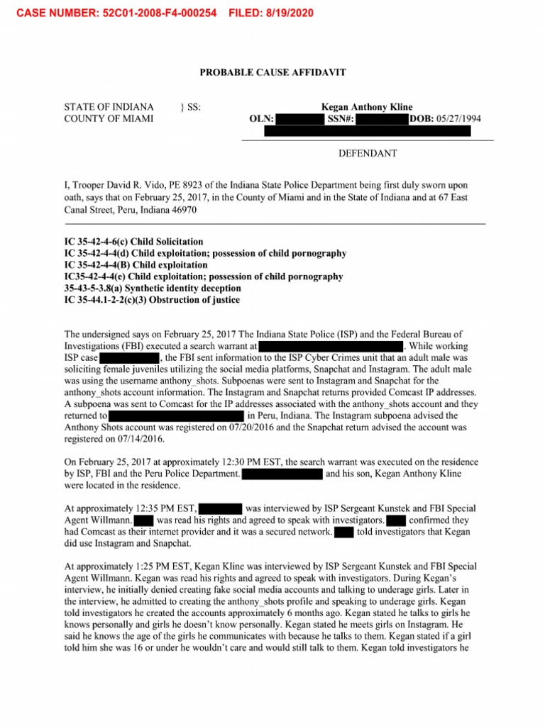 Kegan Anthony Kline Probable Cause Affidavit | PDF | Child Pornography | Apple Inc.