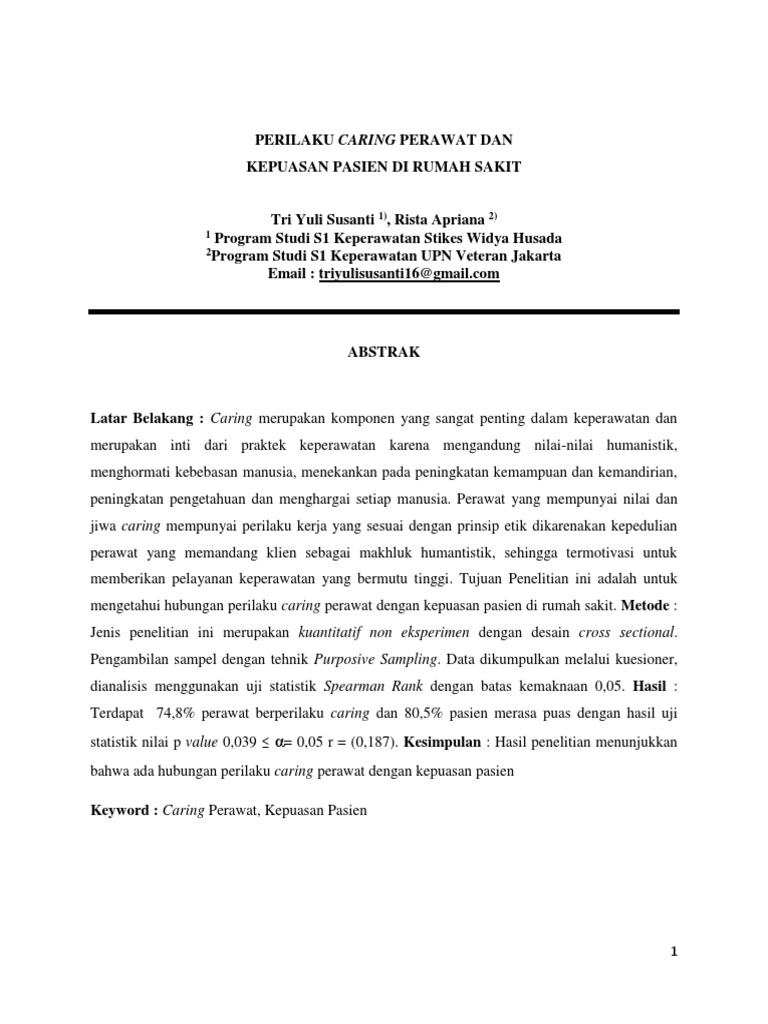 Hubungan Perilaku Caring Perawat dengan Kepuasan Pasien di Ruang Rawat Inap RSUD Dr. Adhyatma ...