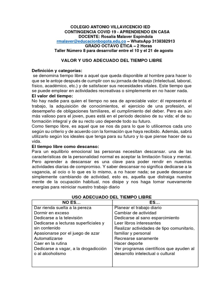 Taller Número 8 Ética 8 El Uso Del Tiempo Libre 10 Al 21 de Agosto ...