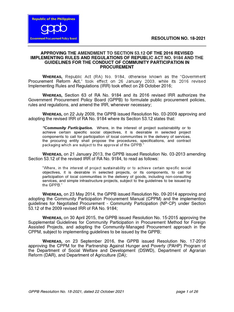 GPPB Resolution No. 18-2021 | PDF | Infrastructure | Economies