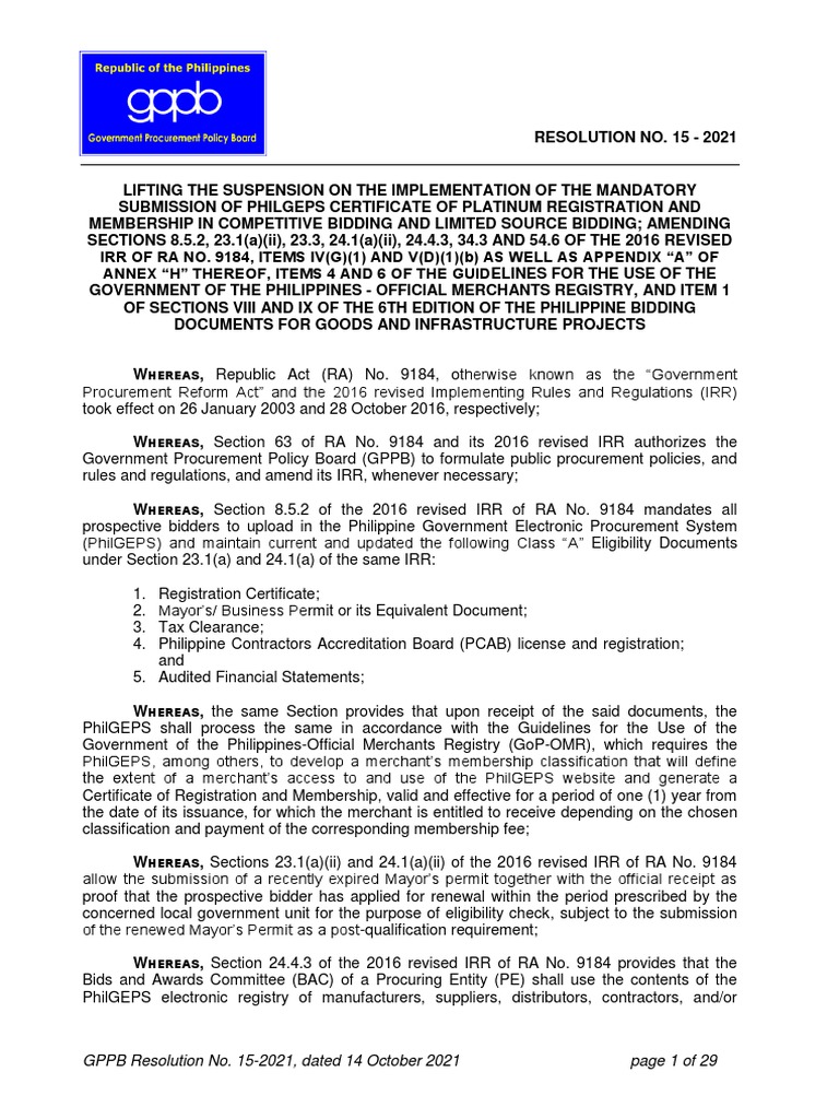 GPPB Resolution No. 15. 2021 | PDF | Business | Authentication