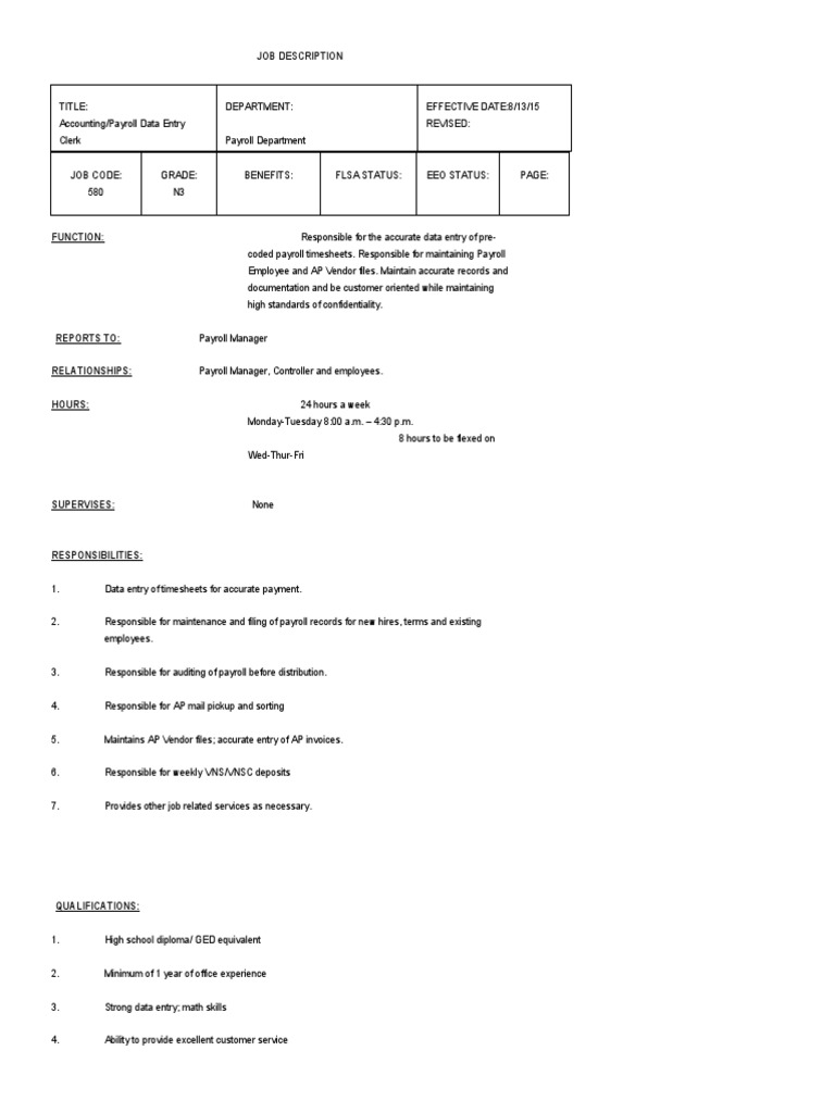 Payroll Data Entry Job Description Free Word Template Download | PDF ...