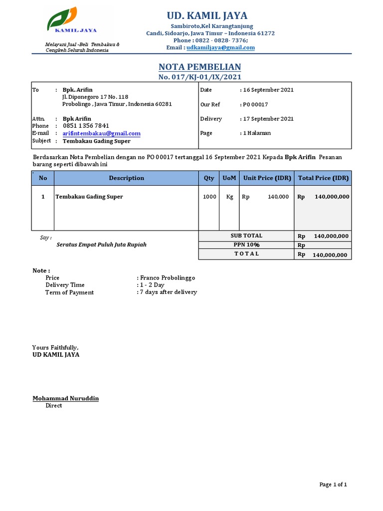 Contoh UD Kamil Jaya | PDF