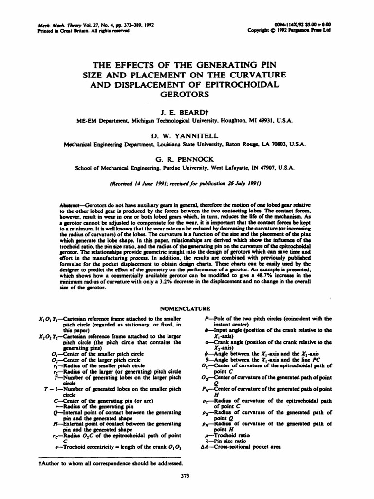 The Effects of The Generating Pin Size and Placement On The Curvature A ...
