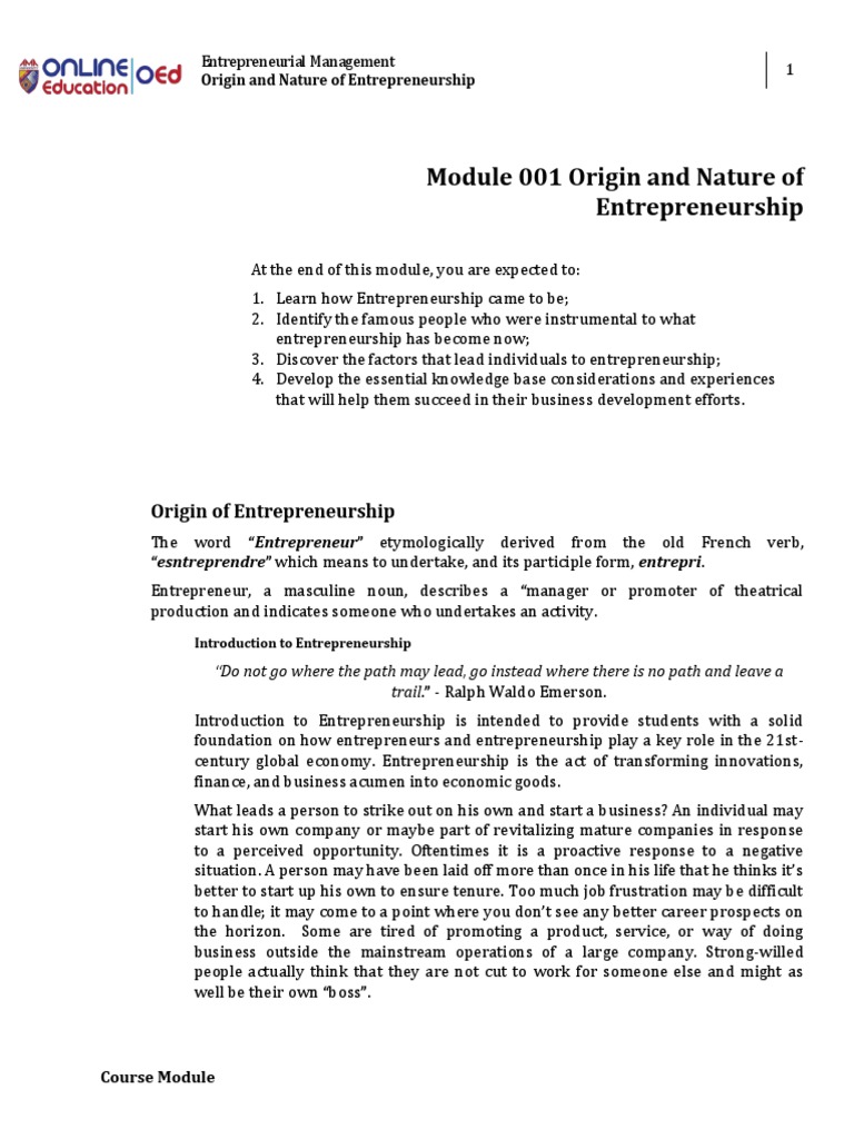 Week001 - Module 001 Origin and Nature of Entrepreneurship | PDF | Entrepreneurship | Startup ...
