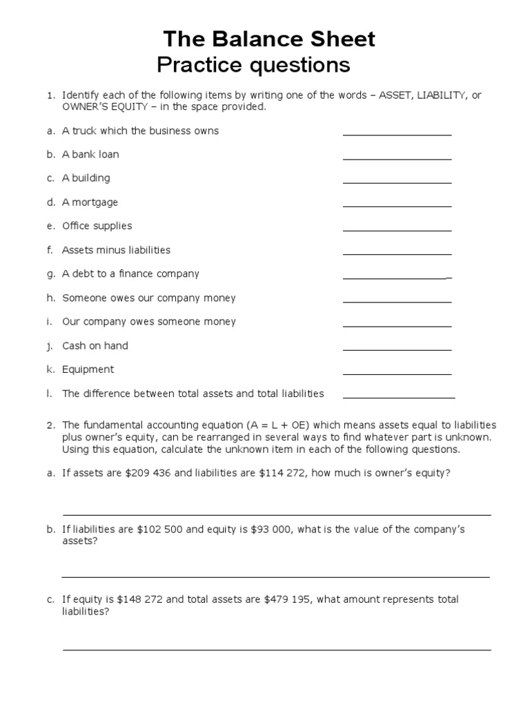 Balance Sheet Practice Questions | PDF | Business | Finance & Money ...