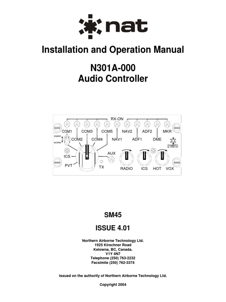 Installation and Operation Manual N301A-000 Audio Controller | PDF ...