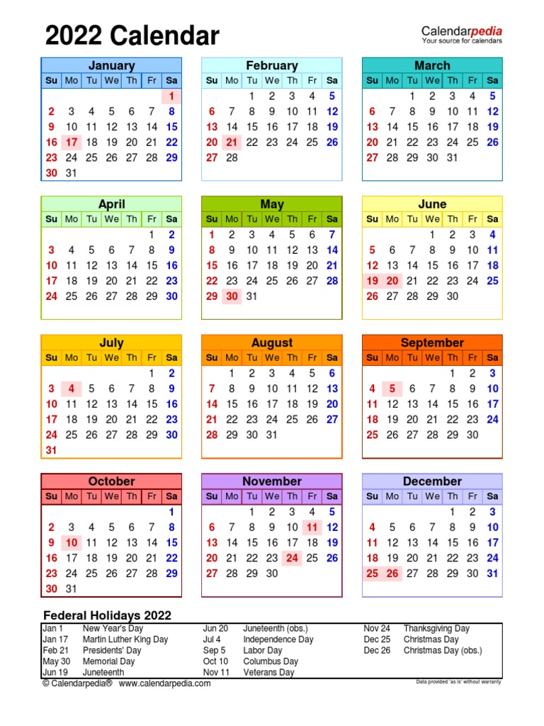 2022 Calendar Portrait Year at A Glance in Color | PDF | The United ...