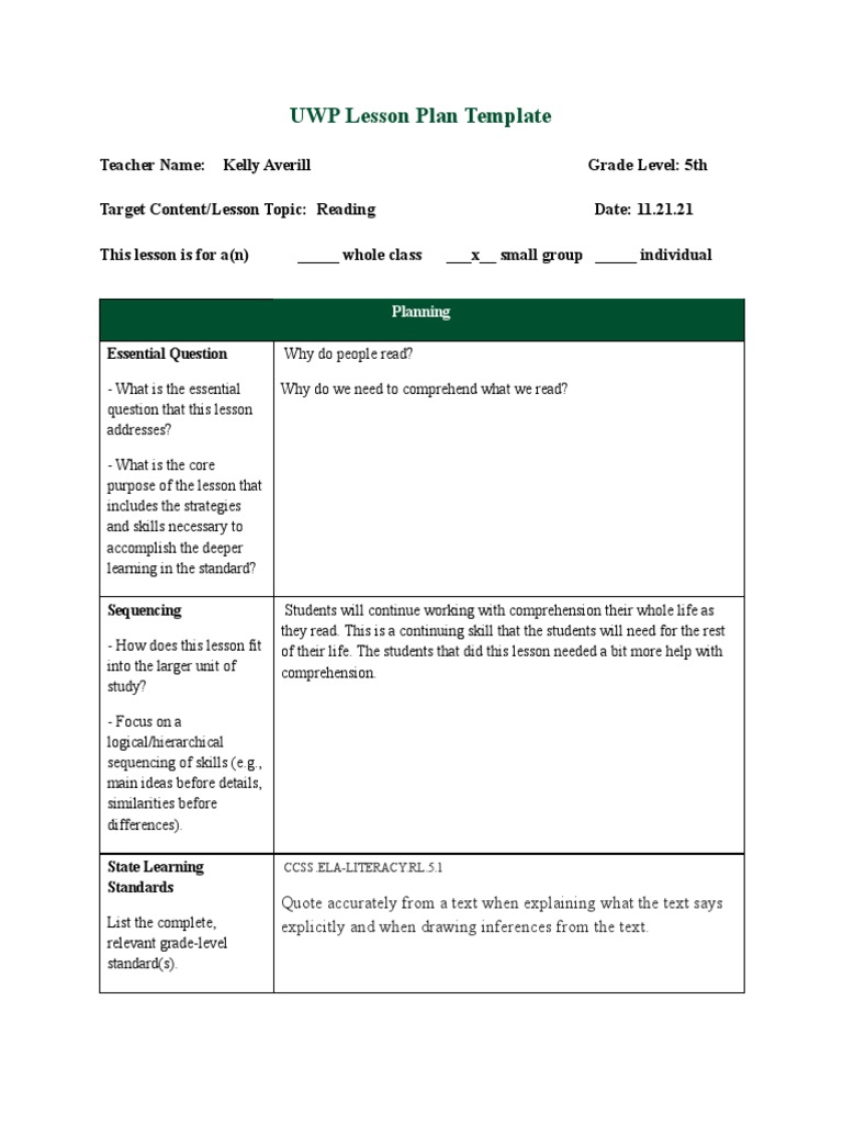 UWP Lesson Plan Template: Essential Question | PDF | Reading ...