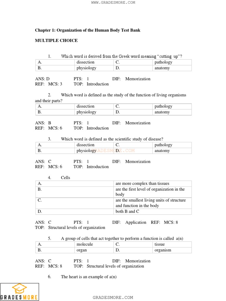 Human Body Organization Test Bank | PDF | Atomic Nucleus | Anatomical ...