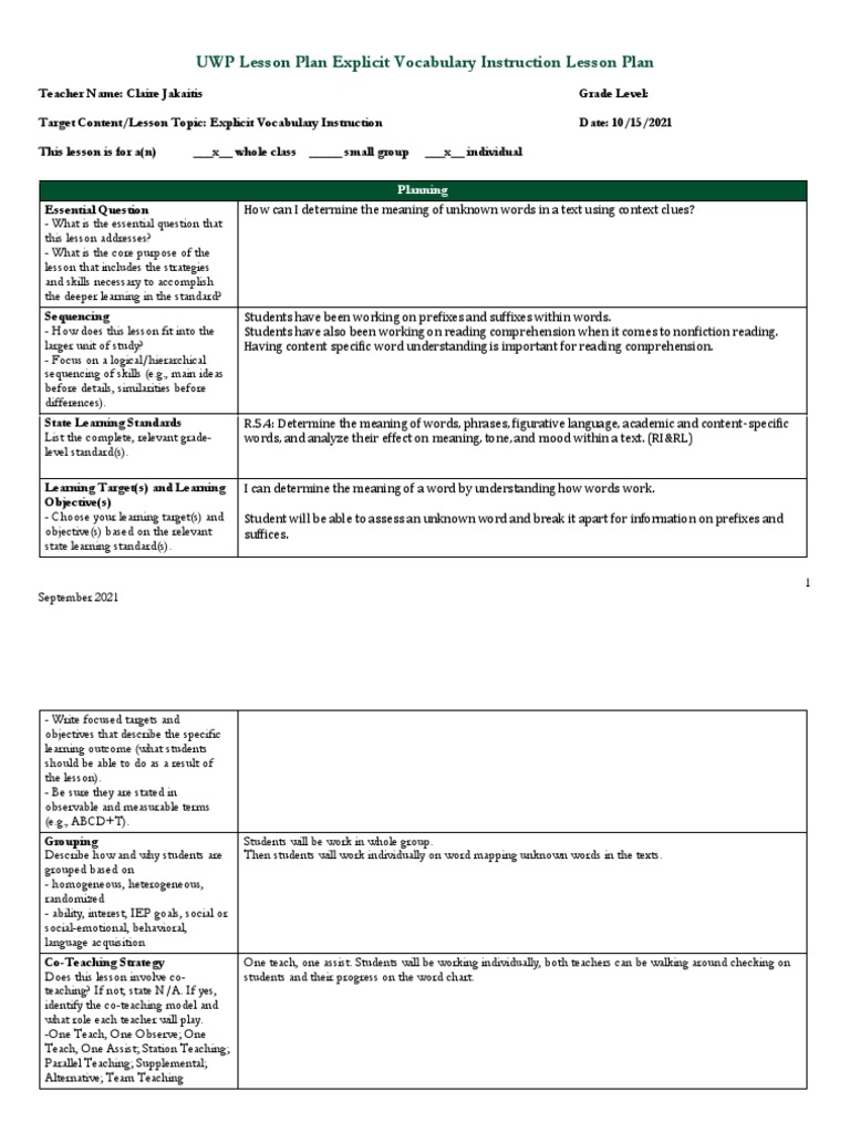 UWP Lesson Plan Explicit Vocabulary Instruction Lesson Plan: Planning ...