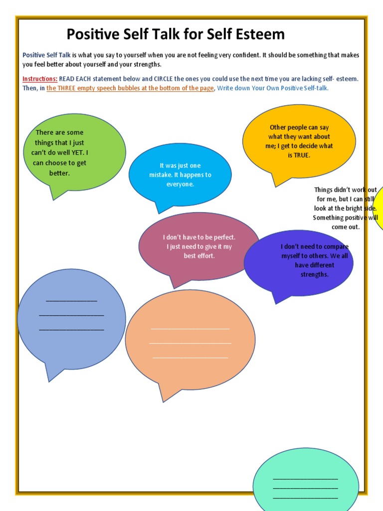 Positive Self Talk For Self Esteem Worksheet | PDF