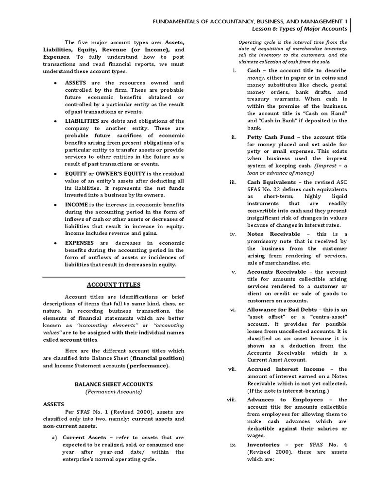 FABM 1 Lesson 8 Types of Major Accounts | PDF | Debits And Credits ...