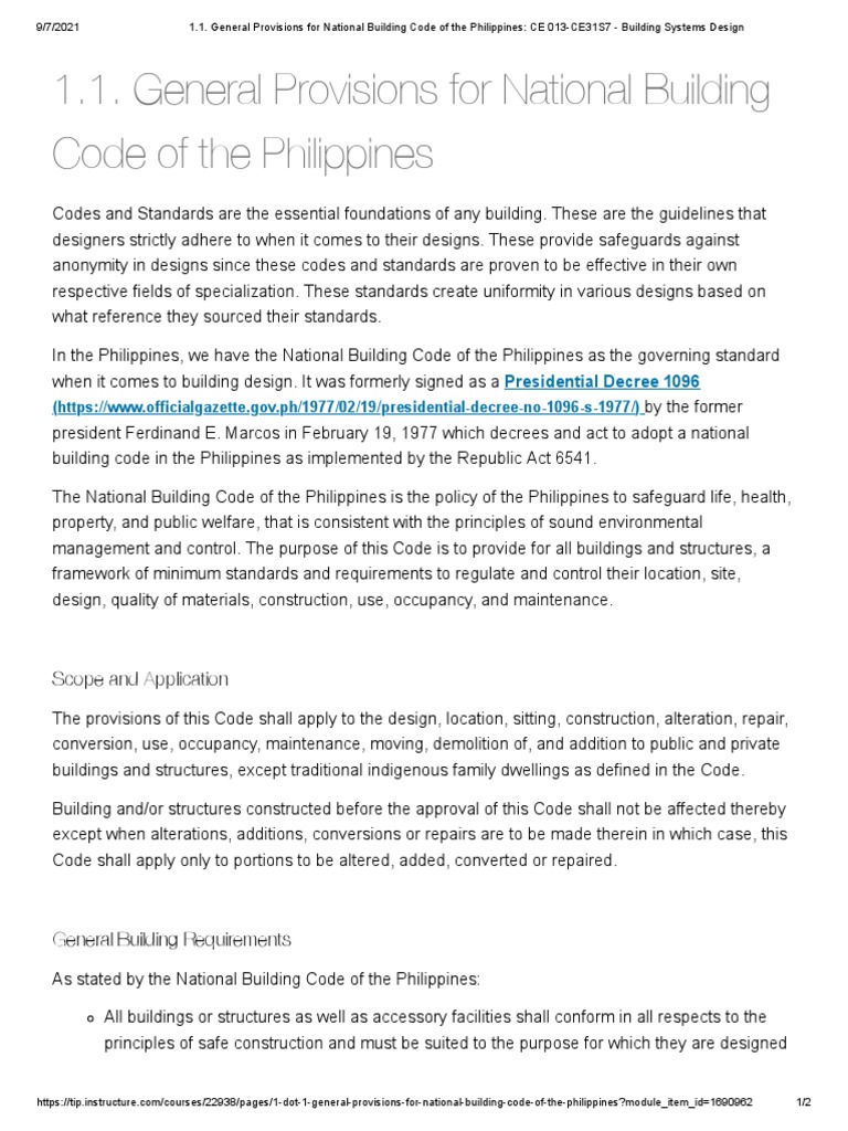 1.1. General Provisions For National Building Code of The Philippines - CE 013-CE31S7 - Building ...
