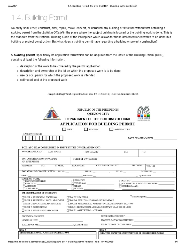 1.4. Building Permit - CE 013-CE31S7 - Building Systems Design | PDF ...