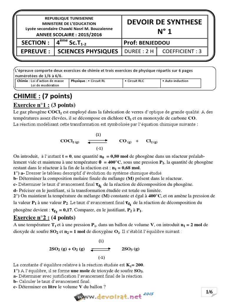 Devoir Corrigé de Synthèse N°1 - Sciences Physiques - Bac Technique (2015-2016) MR Benjeddou ...