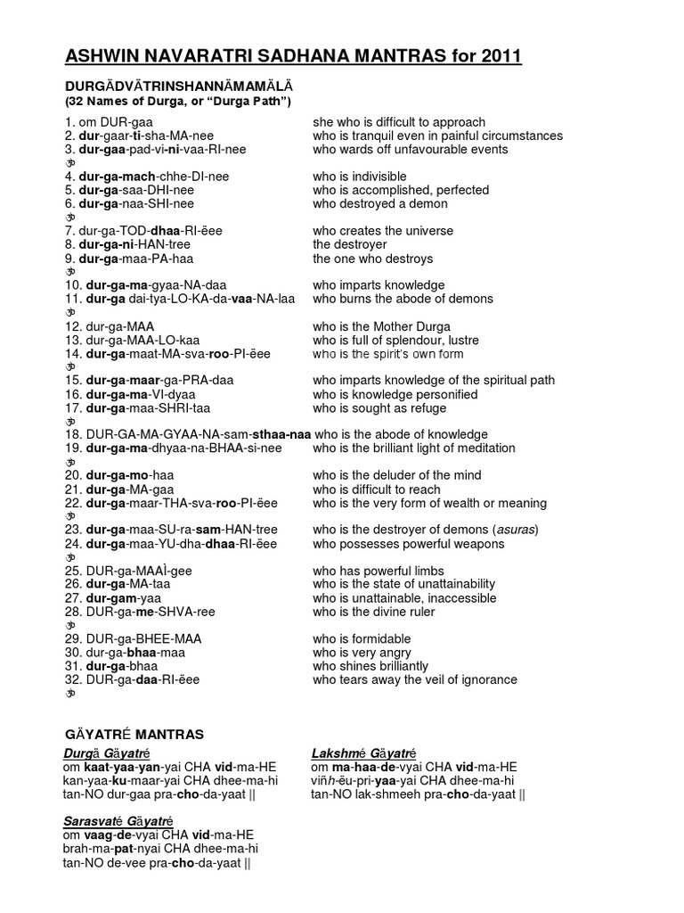 Ashwin Navaratri Sadhana Mantras For 2011: Durgädvätrinshannämamälä ...