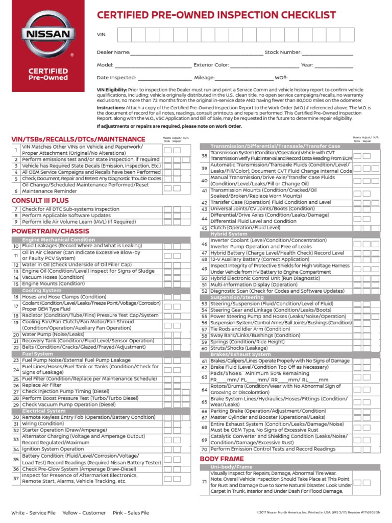 Nissan Certified Pre-Owned Inspection Checklist | PDF | Leak | Trunk (Car)