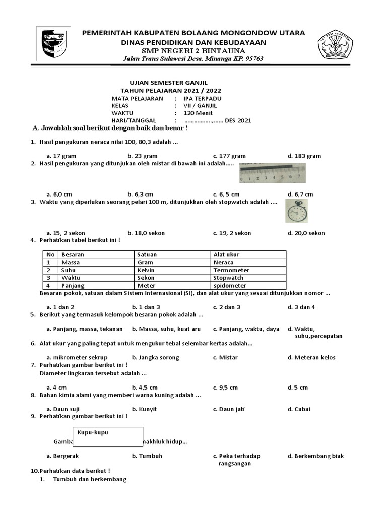 Soal Ipa Semster Ganjil Kelas 7 TP 20212022 | PDF