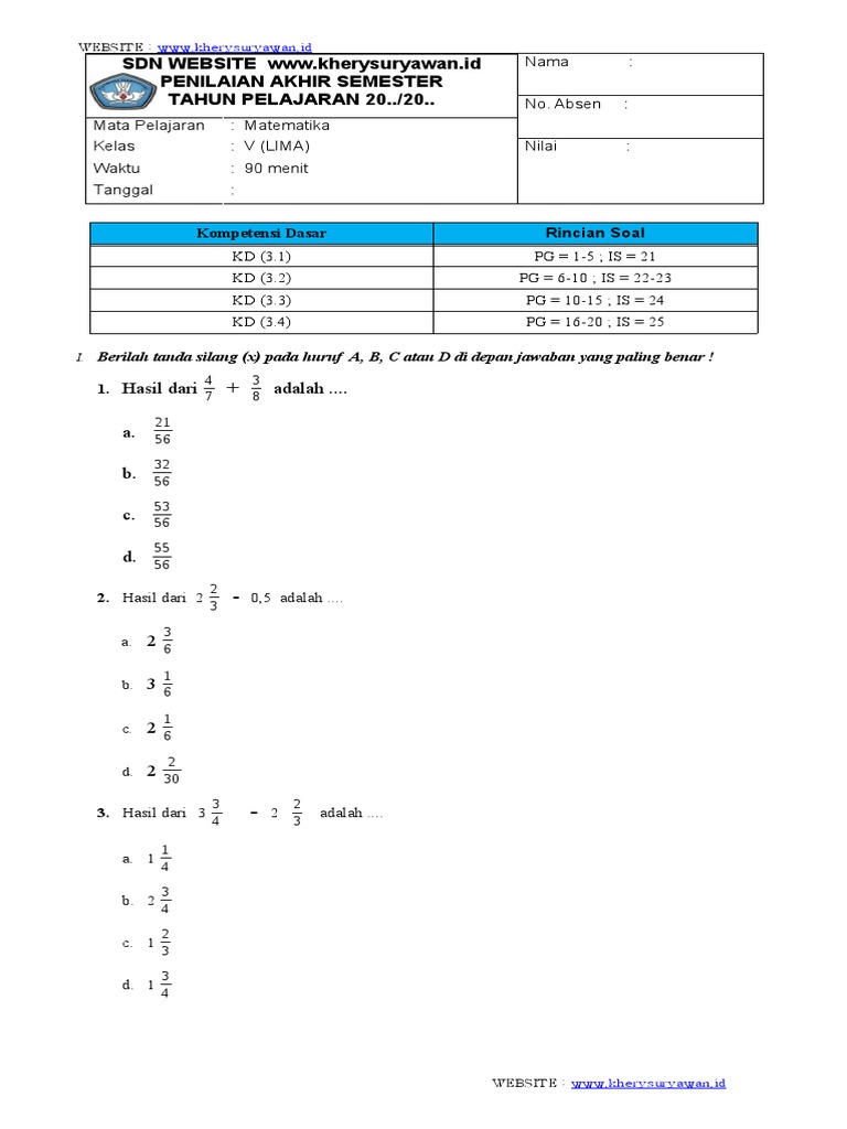 SOAL PAS 1 MTK KLS 5 K13 - WEBSITE WWW - Kherysuryawan.id | PDF