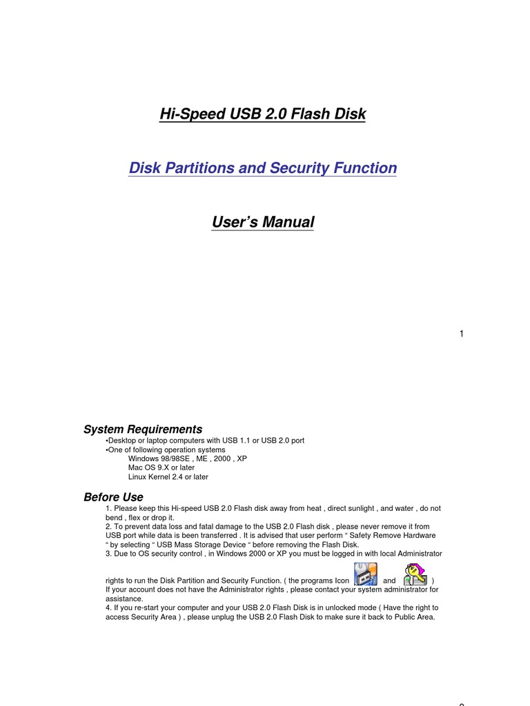 Hi-Speed USB 2.0 Flash Disk: Disk Partitions and Security Function ...