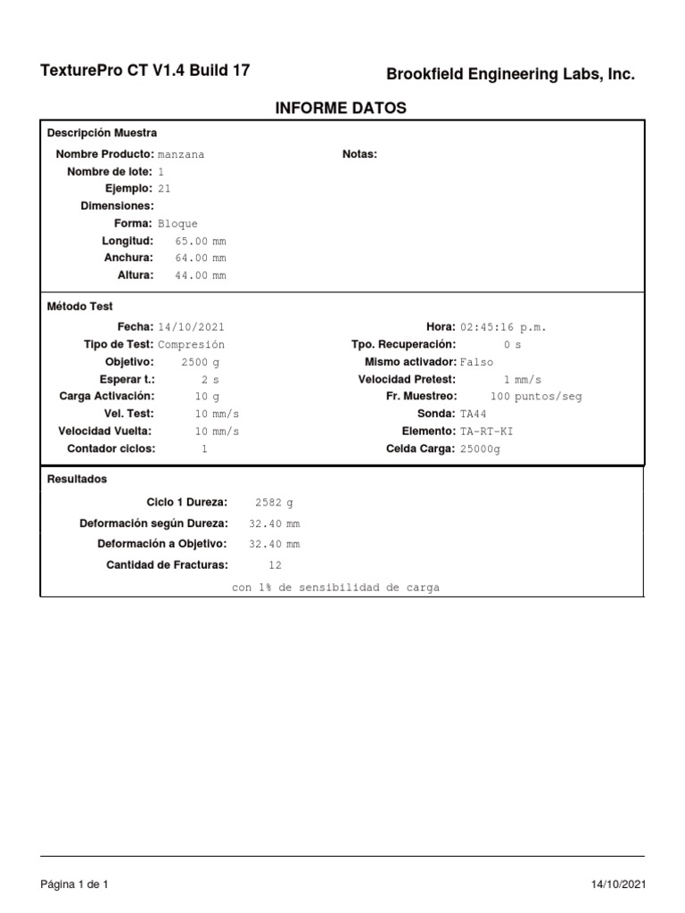 Texturepro CT V1.4 Build 17 Brookfield Engineering Labs, Inc. Informe Datos | PDF | Tecnología