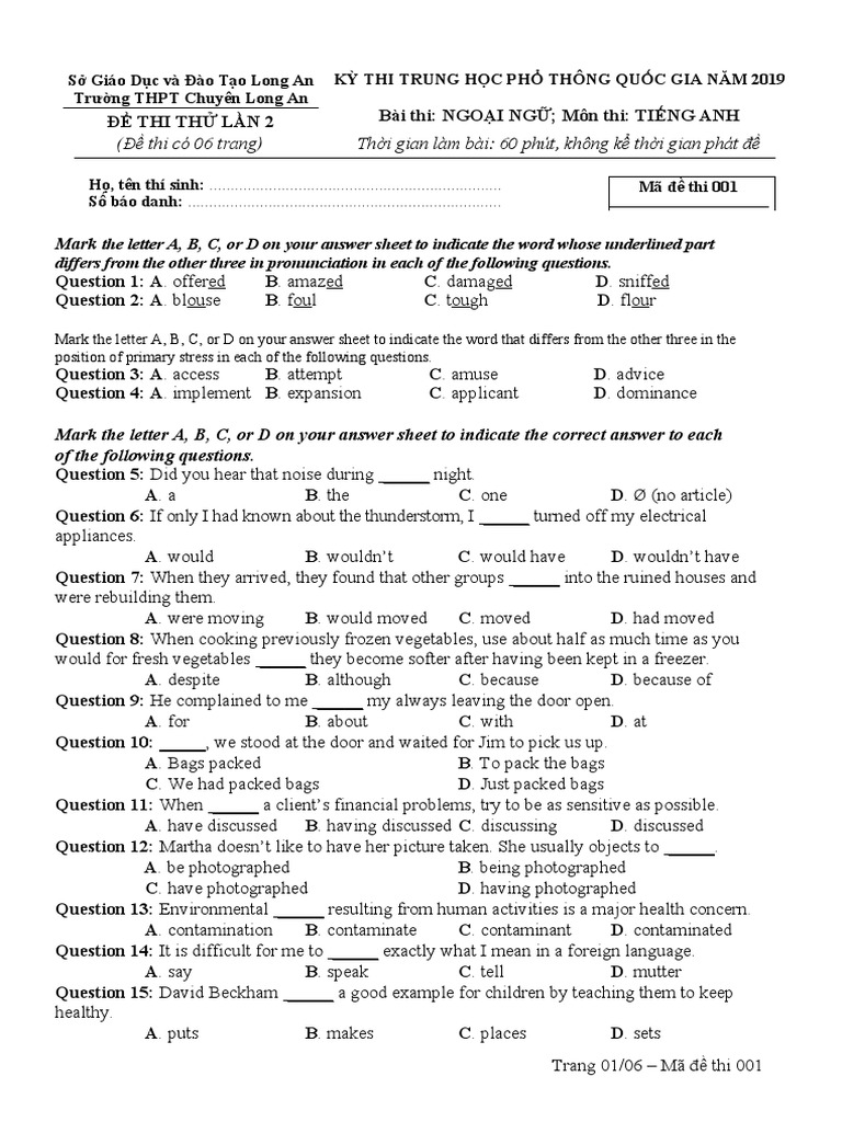 Long An Education Department 2019 National High School Exam Practice ...